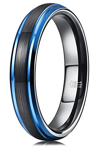 THREE KEYS JEWELRY Tungsten Carbide Womens 4mm Black Blue Wedding Band Ring Brushed Flat for Women Inlay Engrave EngageWoment Size 8
