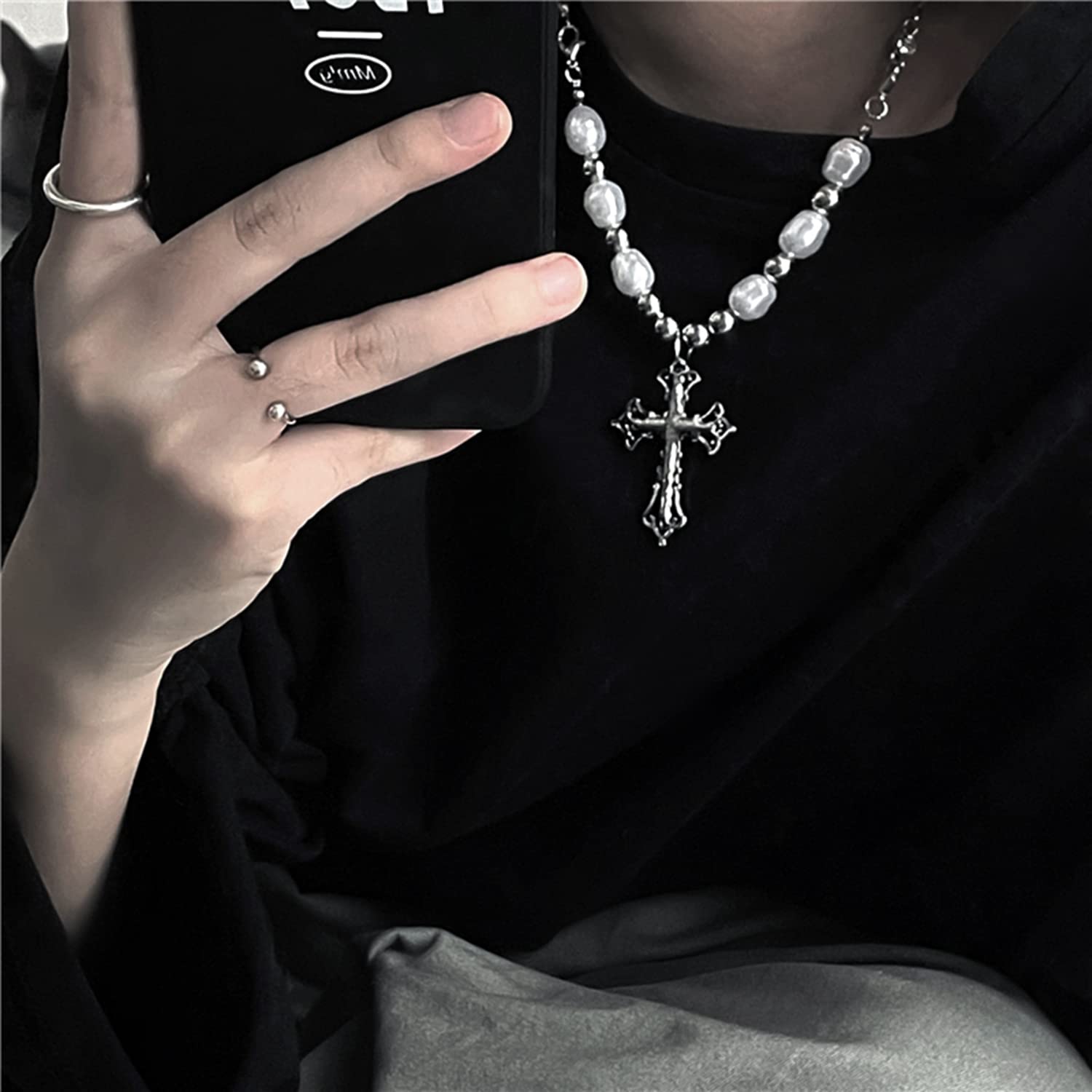 Women Pearl Necklace Goth Cross Pattern (Picture Color,alloy)