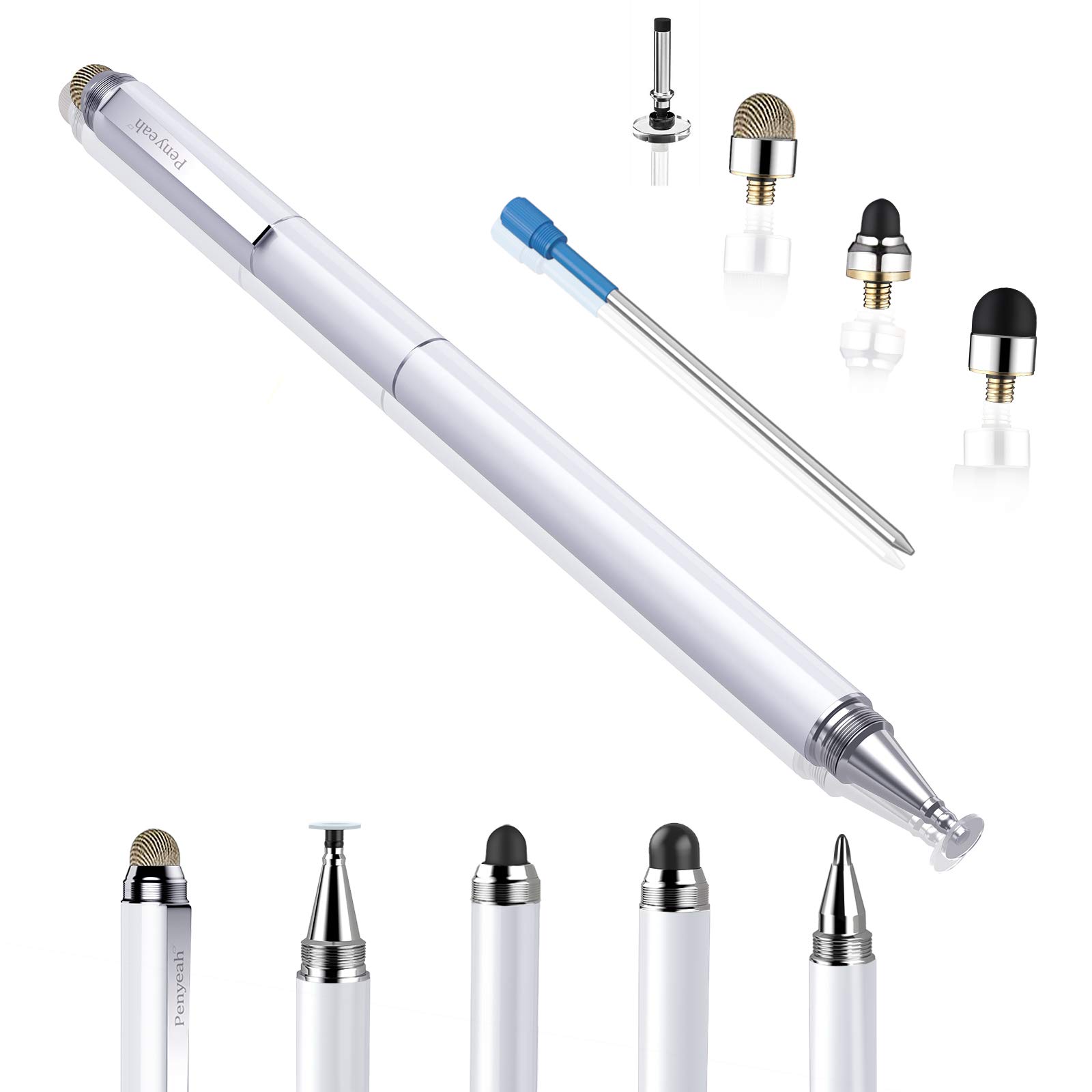 Stylus for Touch Screens - Penyeah DIY 4-in-1 High Sensitivity and Precision Disc Stylus Pen, Universal for iPad, iPhone, Tablets All Capacitive Touch Screens with 4 Replacement Tips - White