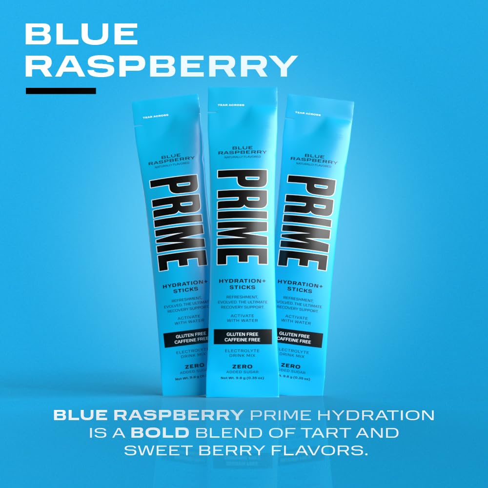 PRIME HYDRATION+ Sticks Blue Raspberry | Hydration Powder Single Serve Sticks | Electrolyte Powder On The Go | 250mg BCAAs, B Vitamins, Antioxidants | Low Sugar | Caffeine-Free | Vegan | 6 Sticks