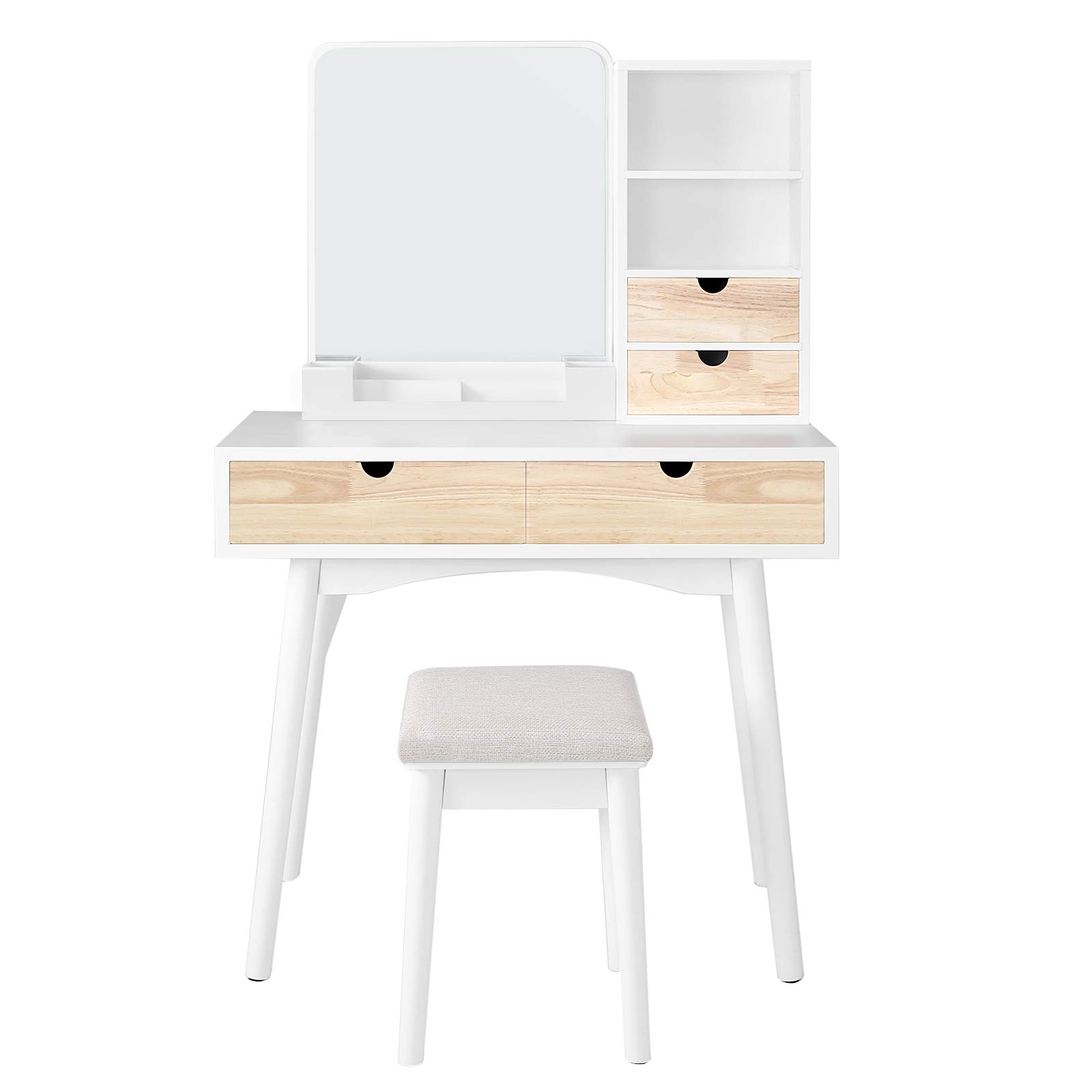 VASAGLE Vanity Set Modern Makeup Dressing Table with Mirror, Felxible Storage, White and Natural URDT32K