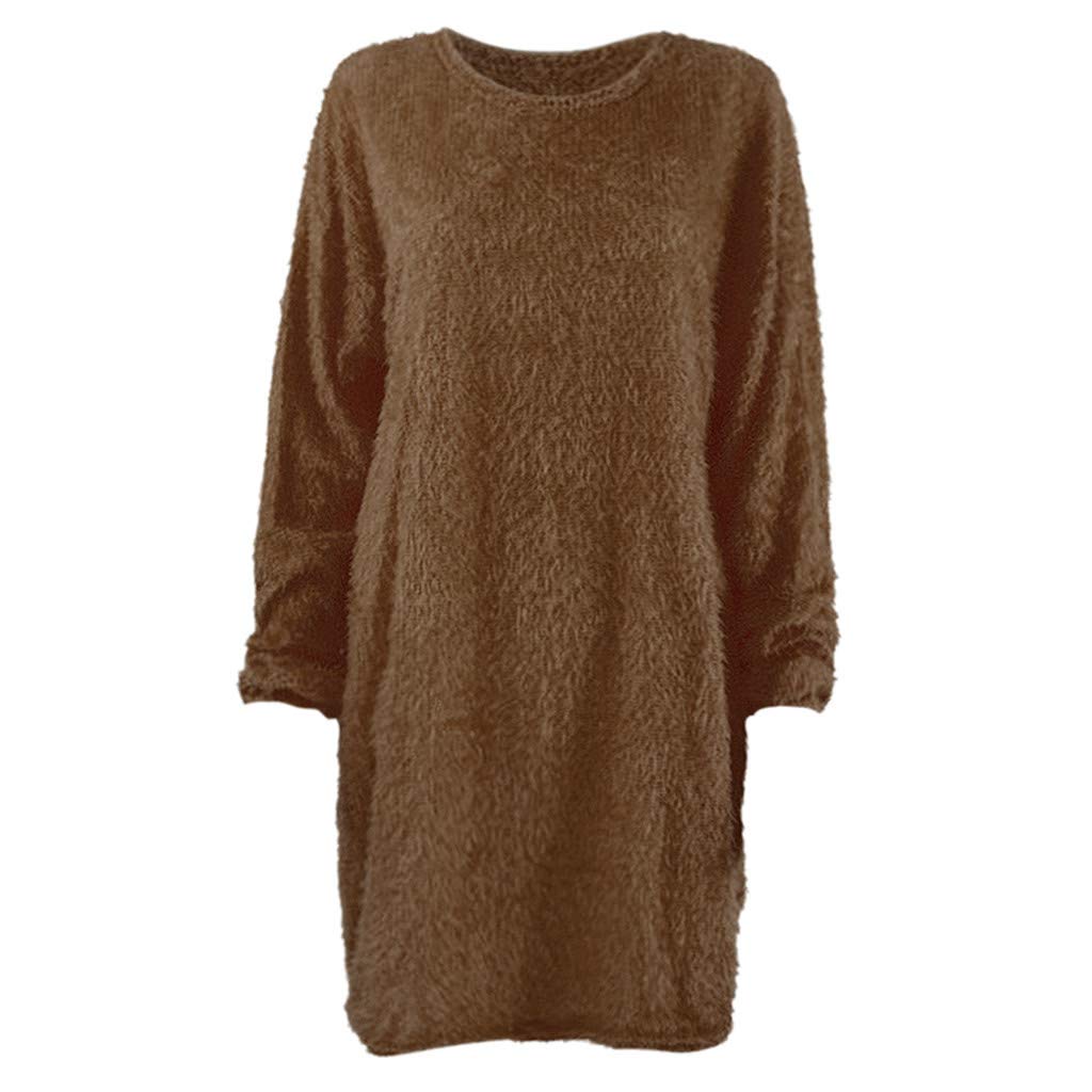 Women Plush Sweater Dress Solid Round Neck Long Sleeve Shift Loose Sweatshirt Dress Outerwear Brown