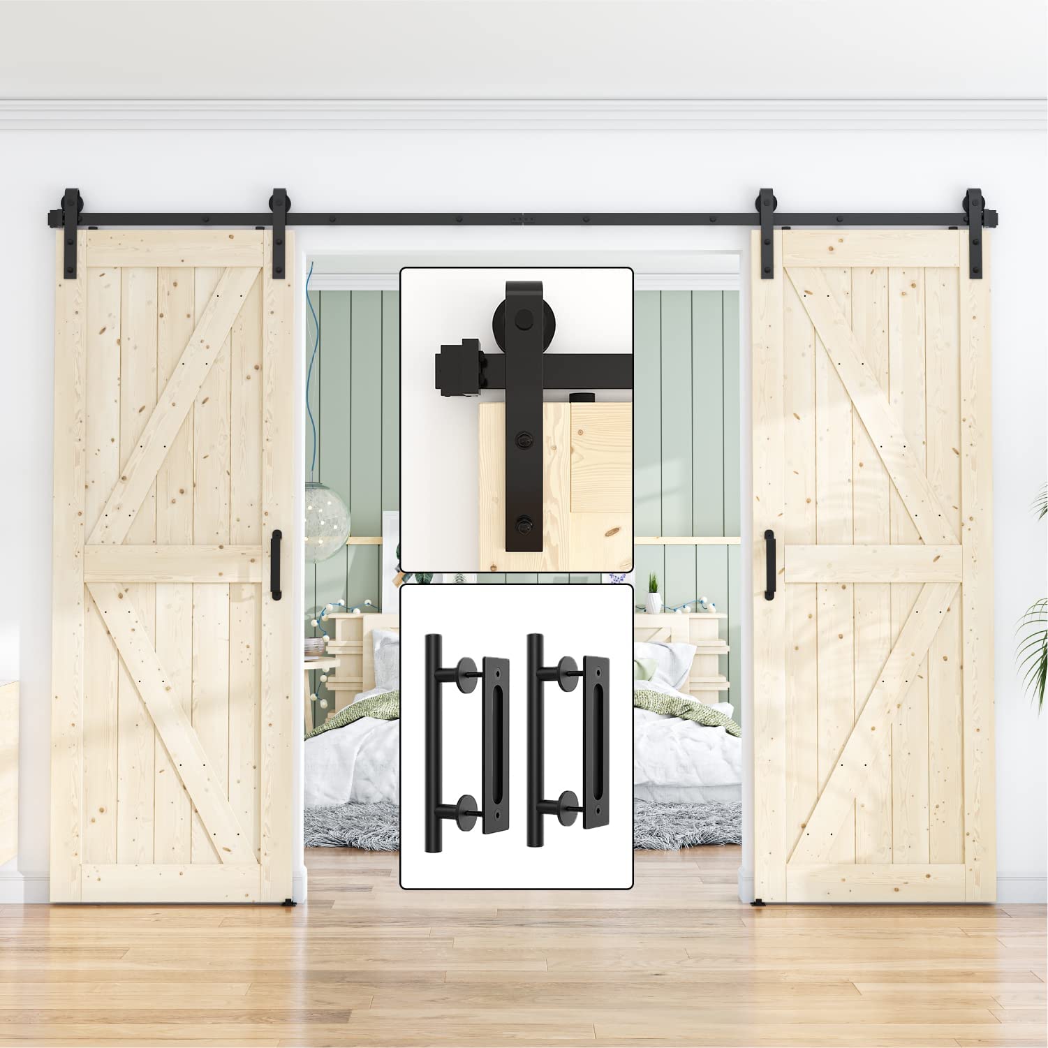 WINSOON 8FT Sliding Barn Wood Door Hardware Cabinet Closet Kit with 2PCS 12 Inch Sliding Barn Door Handles Black Hardware with Pull and Flush Barn Door Handle Set