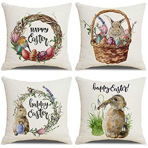 Set of 4 Decorative Throw Pillow Covers 14x14inch Cotton and Linen Throw Pillow Covers Square Throw Pillow Cases Double-Sided Printing for Home Sofa Office and Outdoor Decoration,Easter Bunny C214