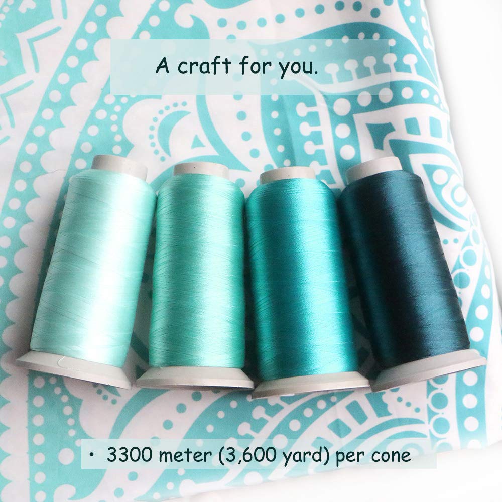 Set of 4 Embroidery Thread Light Cyan Turquoise Teal Polyester Huge Spool 3608 Yards (3300M) Each for Home Embroidery and Sewing Machines β ACRAFT