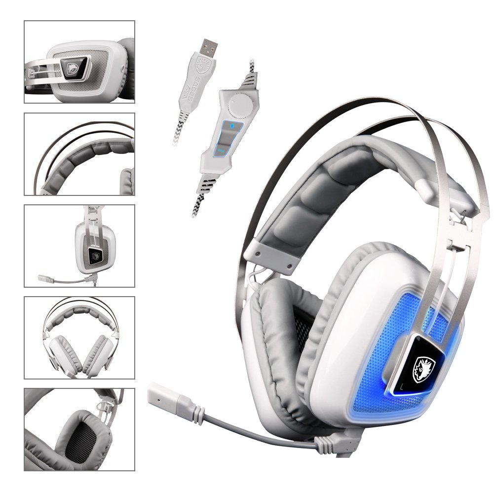 SADES A8S USB Gaming Headset 7.1 Channel Virtual Surround Stereo Wired PC Gaming Headset Over Ear Headphones with Mic Revolution Volume Control Noise Canceling LED Light (White)