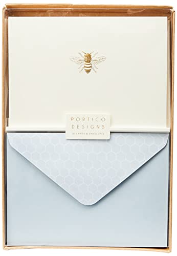 Portico Designs Blank Notecard Set Gold Foil Embossed Boxed Notecards Stationary Set, 10-Count, Bee