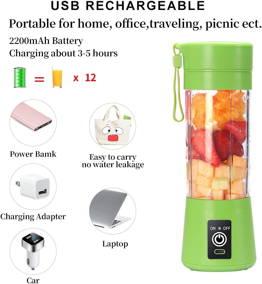 Portable Blender Mixer,Personal Juicer,Smoothies and Shakes Blender,HandCup Fruit Machine Blender 380 ML (Blue, Pink, Purple & Pink Color available) (Green)