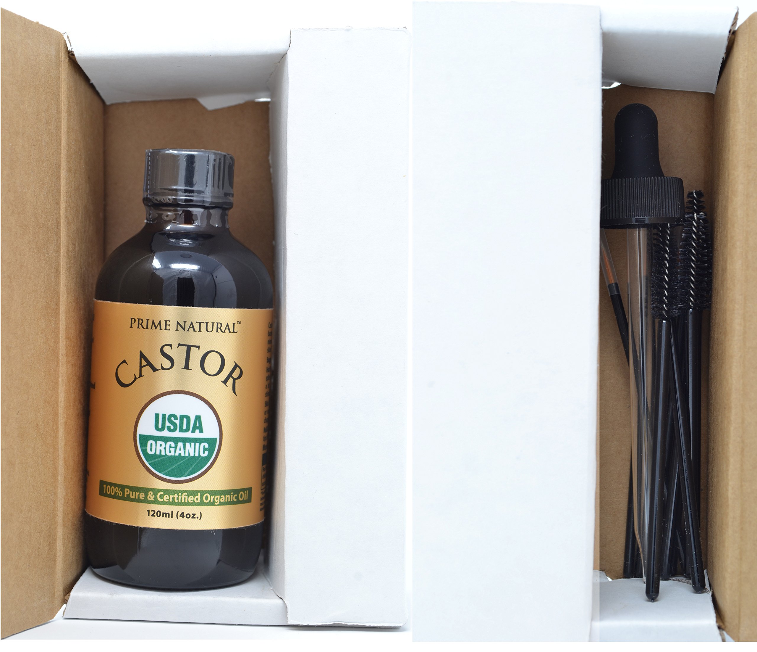 PRIME NATURAL Organic Castor Oil (4oz / 120ml) - USDA Certified Organic, Pure, Cold Pressed, Thick, Hexane Free - Stimulate Growth for Eyelashes, Eyebrows, Hair, Skin Moisturizer