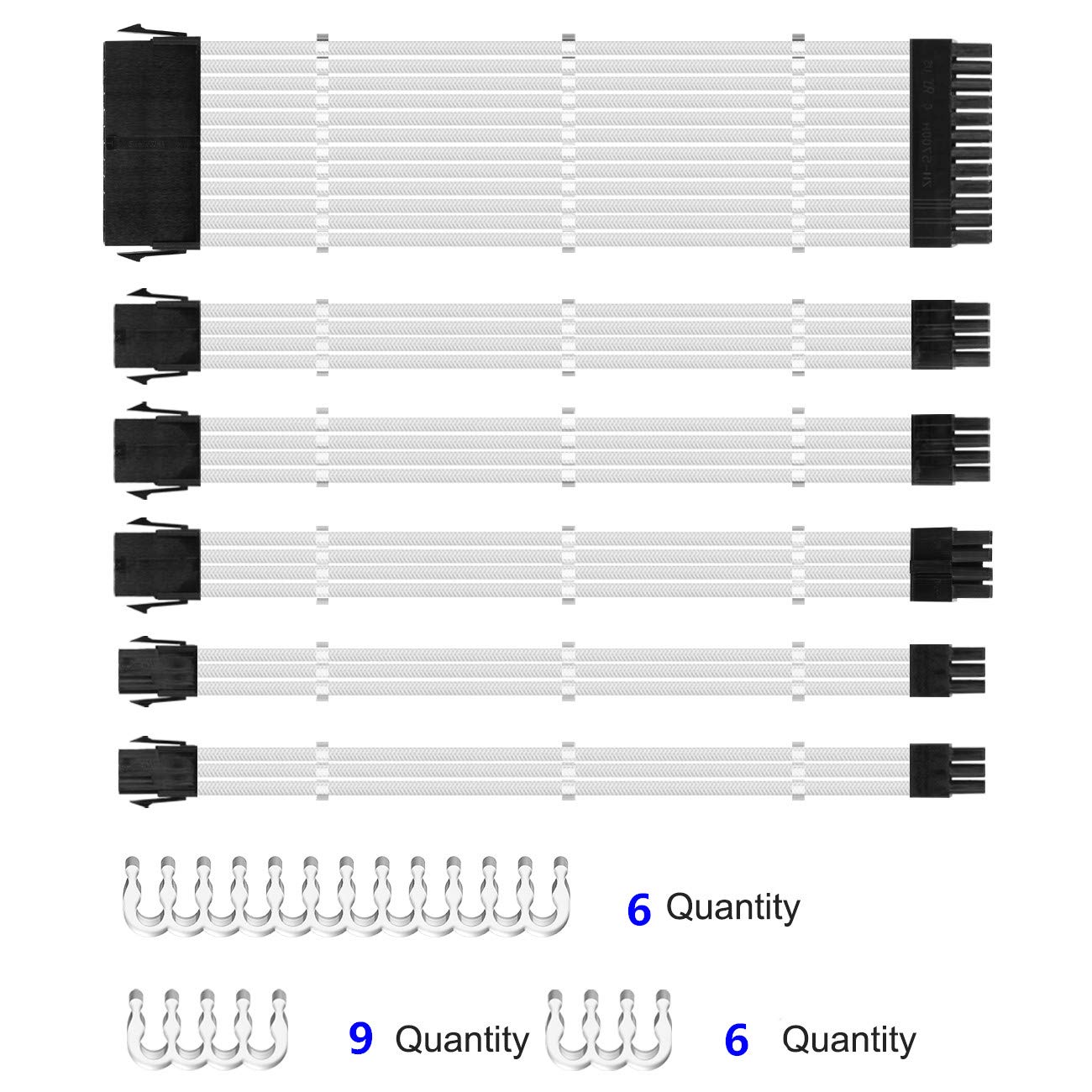 Sleeved Cables, PSU Extension Cable Kit for Power Supply, Fiber Braided ATX EPS PCI-E Cable with Combs, 30CM (White)