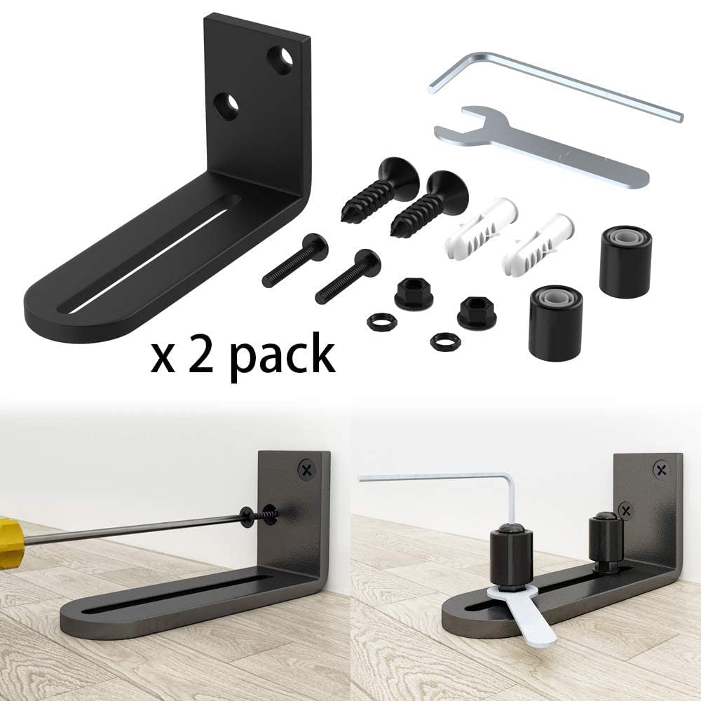 WINSOON 7.5FT Sliding Barn Wood Door Hardware for Double Doors Black Surface with Floor Guides Adjustable Stay Roller Hardware Kit