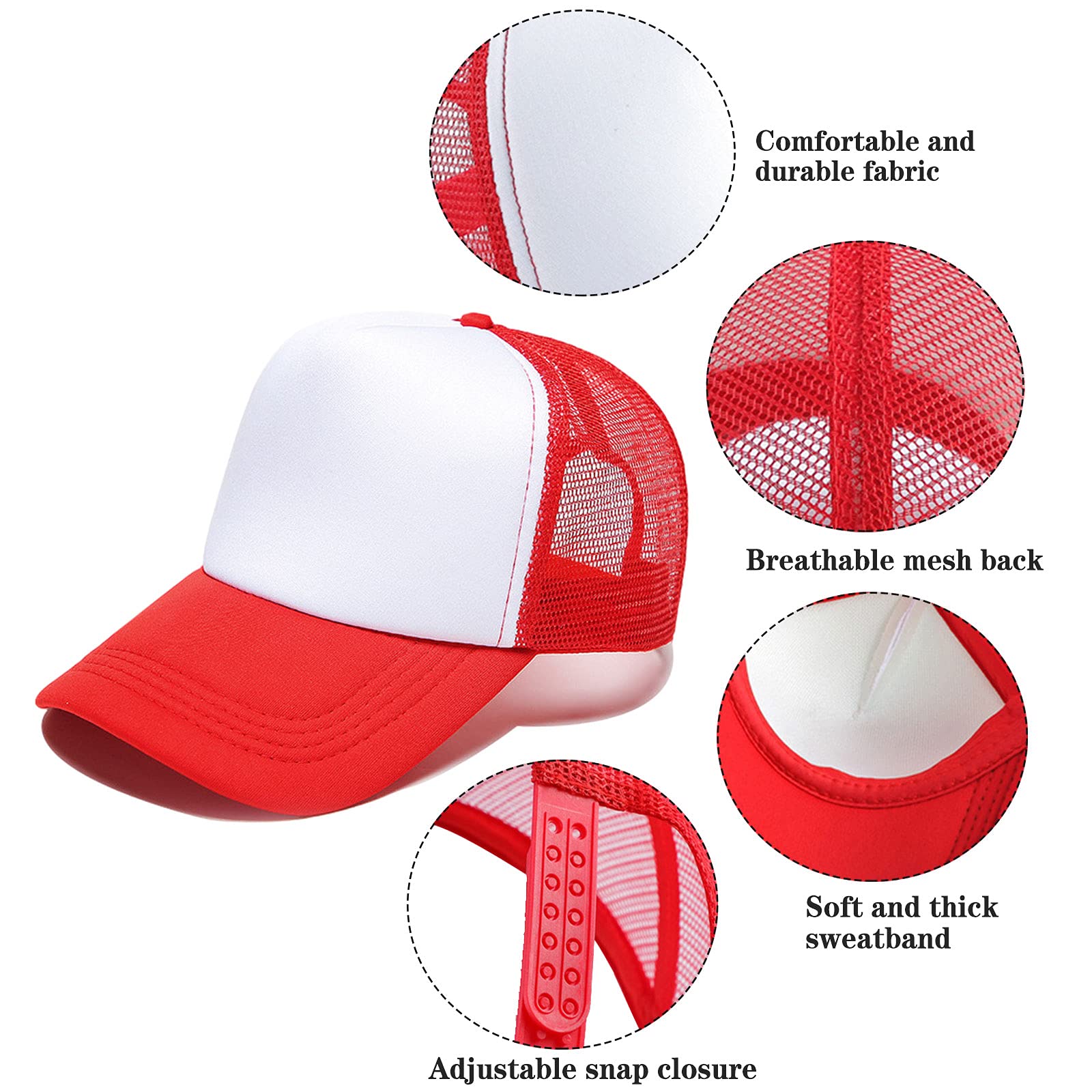 Ultrafun Unisex Sublimation Blank Mesh Baseball Cap Polyester Mesh Trucker Hat (Red White)
