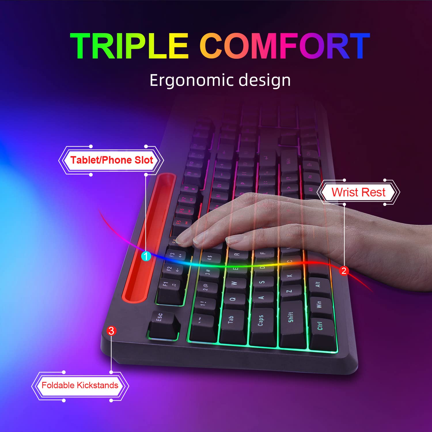 Wireless Gaming Keyboard and Mouse Combo, Snpurdiri Rainbow Backlit Mechanical Feeling Rechargeable Full Size Anti-ghosting Keyboard with Tablet/Phone Bracket, Long Battery Life for PC Gamer