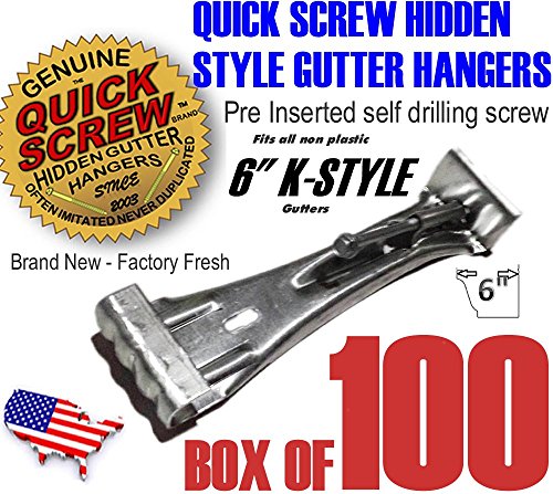 Quick Screw 6" inch Aluminum Hidden Rain Gutter Bracket Hook Clip Style Hangers with pre Inserted 3" Long ¼" hex Head self Drilling Screw (100 Per Package)