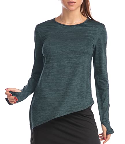 Women Running Shirts Yoga Top Long Sleeve Workout Tee with Thumb Holes Quick Dry Sweatshirt Activewear Tops Side Slit Black M