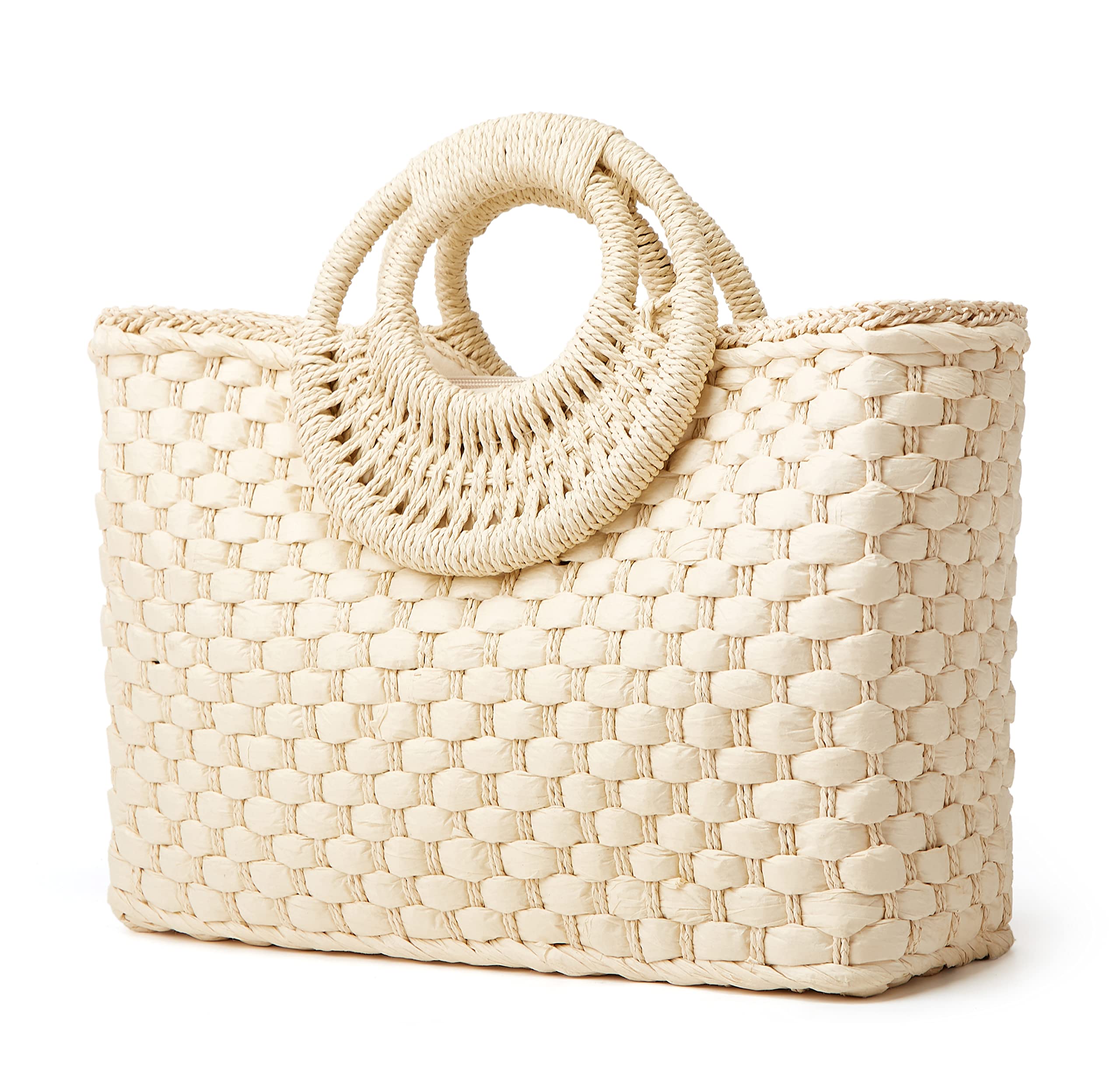 Women Straw Handbag, Large Capacity Woven Handmade Round Handle Hobo Bag, Casual Retro Vacation Beach Bag