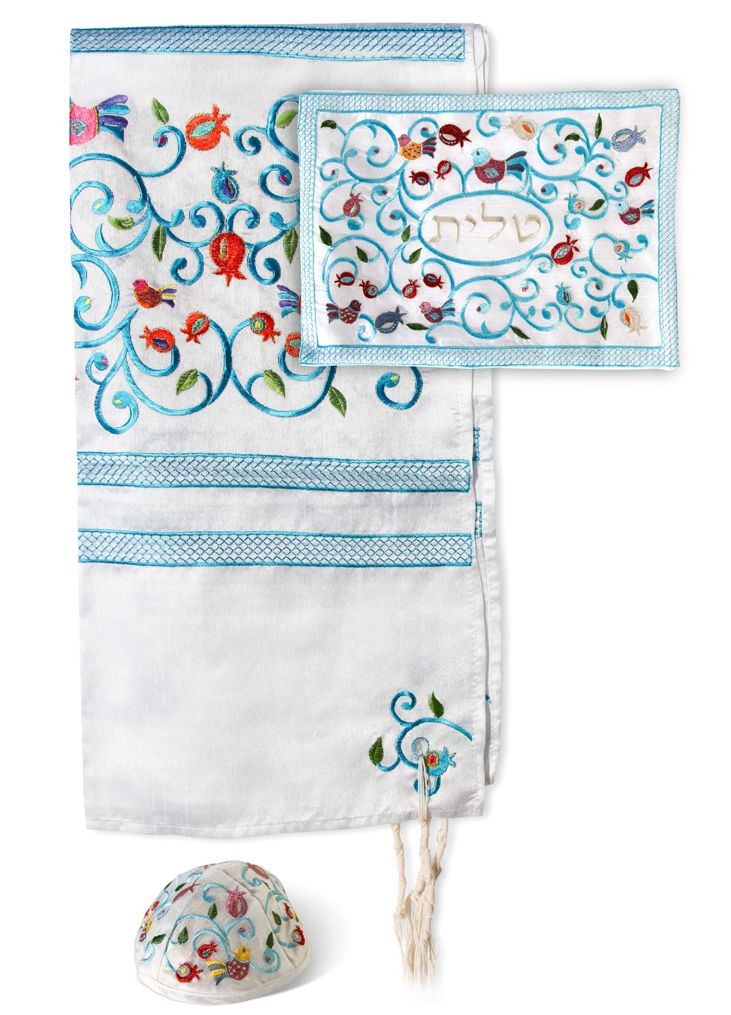 THE JERUSALEM GIFT SHOP SINCE 2004 Elegant Tallit Prayer Shawl Set - Beautiful Flower & Birds design with Natural Bamboo Fabric Tallit Bag, Kippah, Kosher Tzitzit 78”