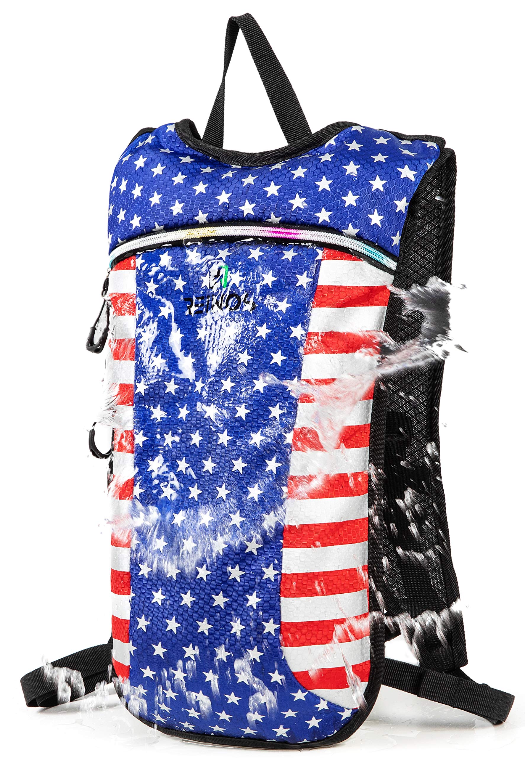 REINOS Hydration Backpack - Light Water Pack - 2L Water Bladder Included for Running, Hiking, Biking, Festivals, Raves (USA Flag)