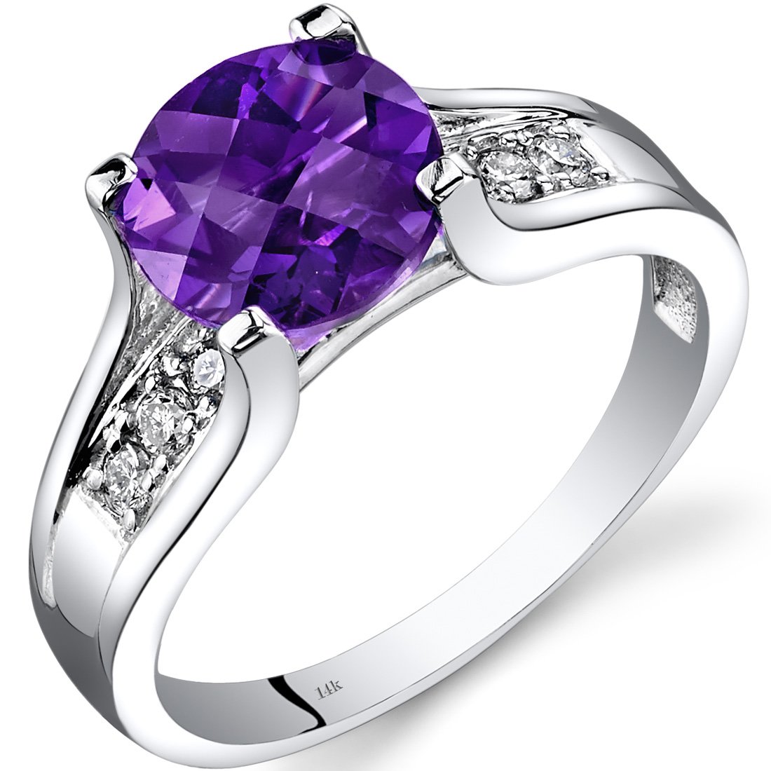 PEORA Amethyst and Diamond Cathedral Ring for Women 14K White Gold, Natural Gemstone Birthstone, 1.75 Carats Round Shape 8mm, Size 7