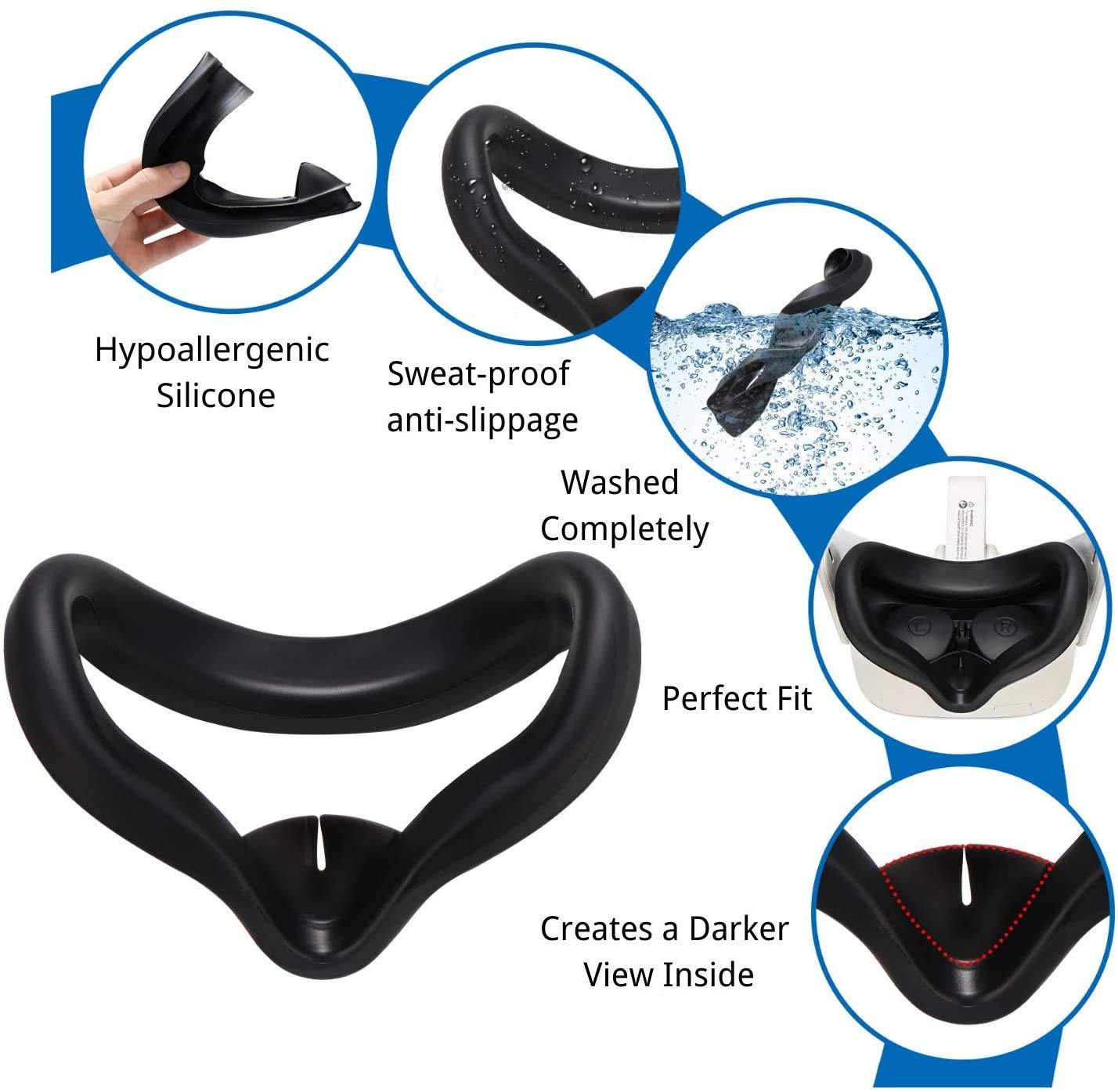 VR Face Silicone Interfacial Cover Face Cushion for Oculus Quest 2, VR Headset Sweatproof Lightproof Anti-Leakage Accessories for Oculus Quest 2 (Black+Red)