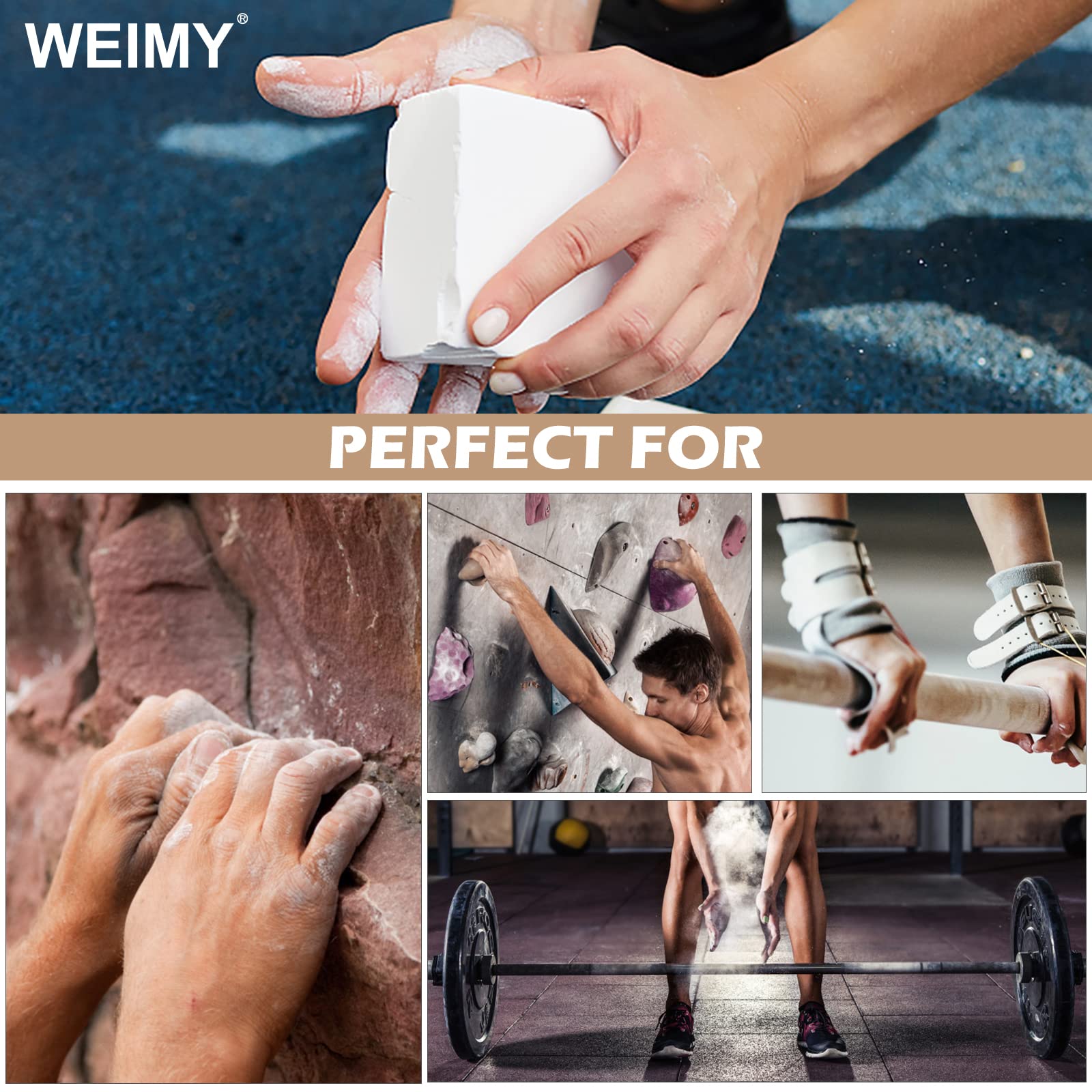 WEIMY Gym Chalk Blocks(8 x 2oz Blocks), Sport Hand Chalk for Gymnastics, Rock Climbing, Weightlifting, Power Lifting, Easy Grip, Moisture Absorbing, Magnesium Carbonate Chalk