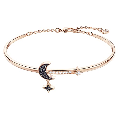 SWAROVSKI Symbolic Collection Moon Bangle Bracelet, Rhodium Plated Chain with Crystal Pearl and Dark Crystal Accents