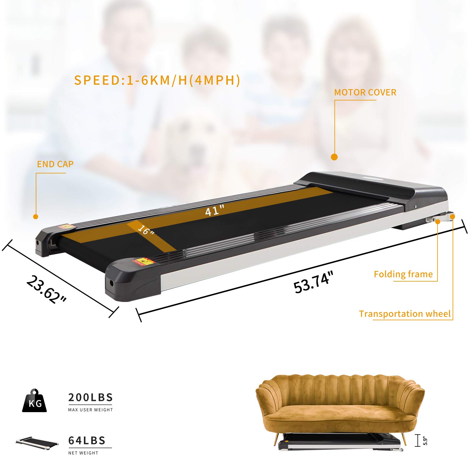 UMAY Under Desk Treadmill Without Assembling for Home & Office with Foldable Wheels, Small Walking Pad Exercise Machine with Low Noise & Sports App
