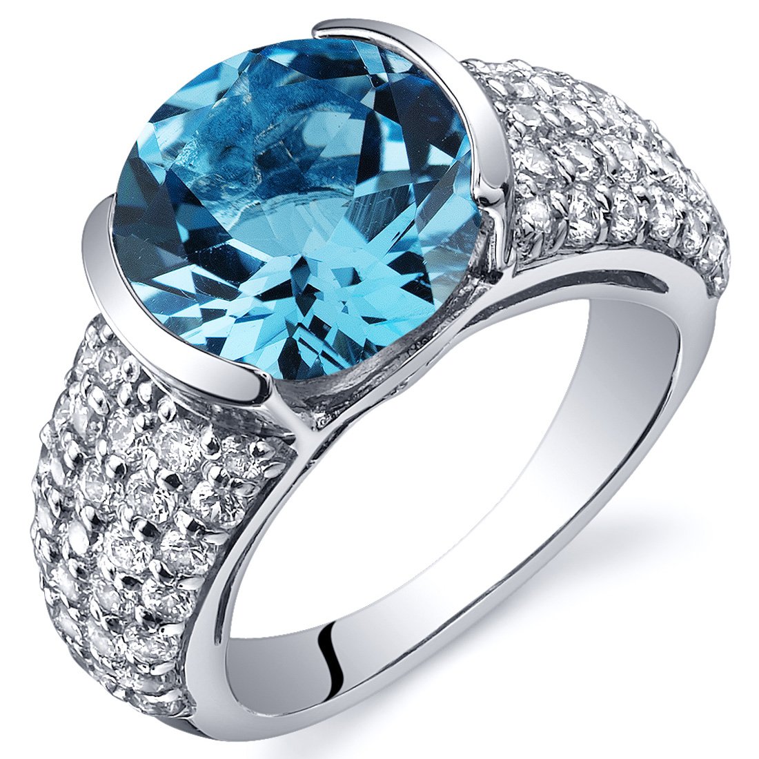PEORA Bezel Set Large 4.00 Carats Swiss Blue Topaz Ring in Sterling Silver Size 5