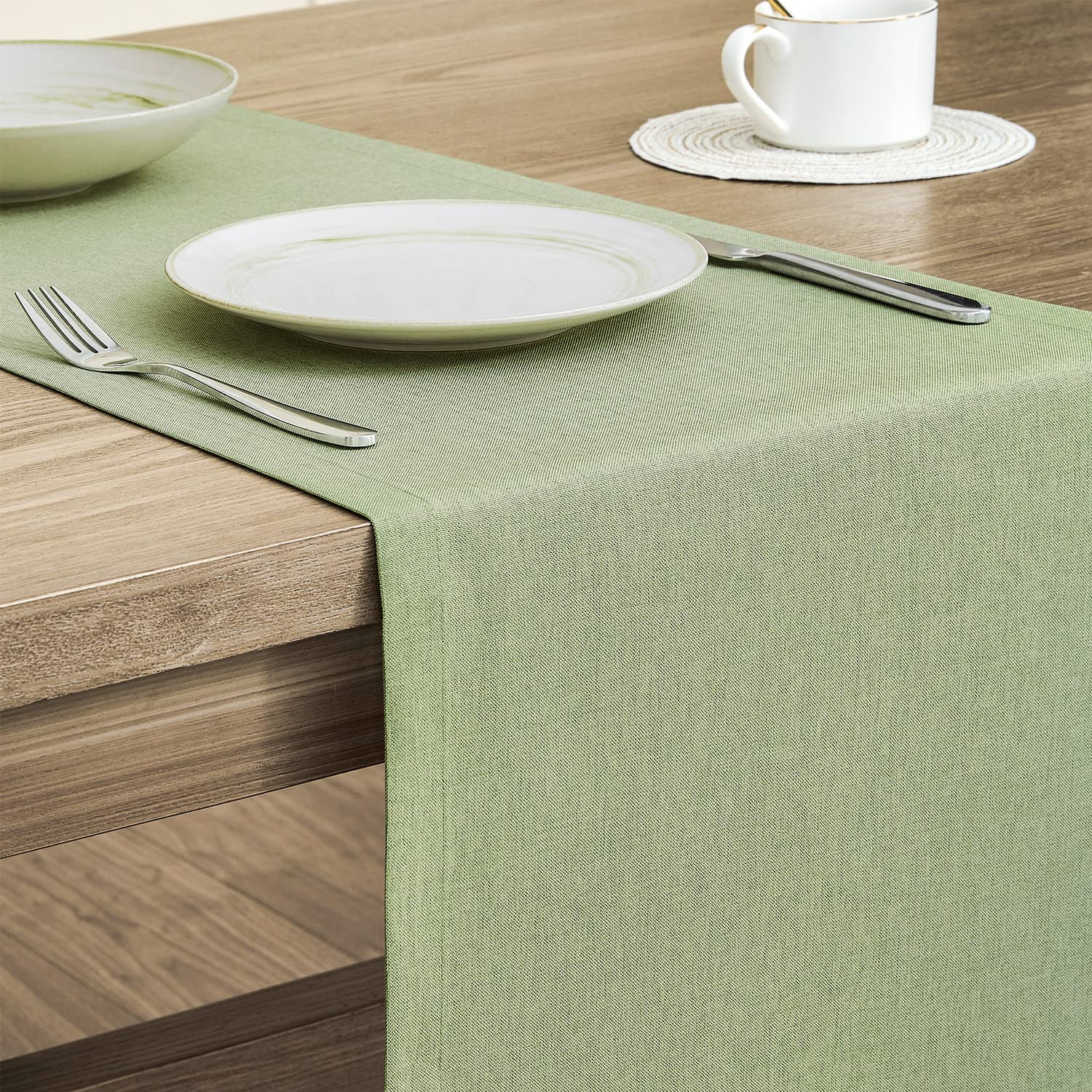ZeeMart Basic Linen Style Table Runner, 14 x 72 Inch Sage Green, Rustic Farmhouse Green Table Runners 72 Inches Long, Everyday Polyester Table Runner - Machine Washable & Easy Care