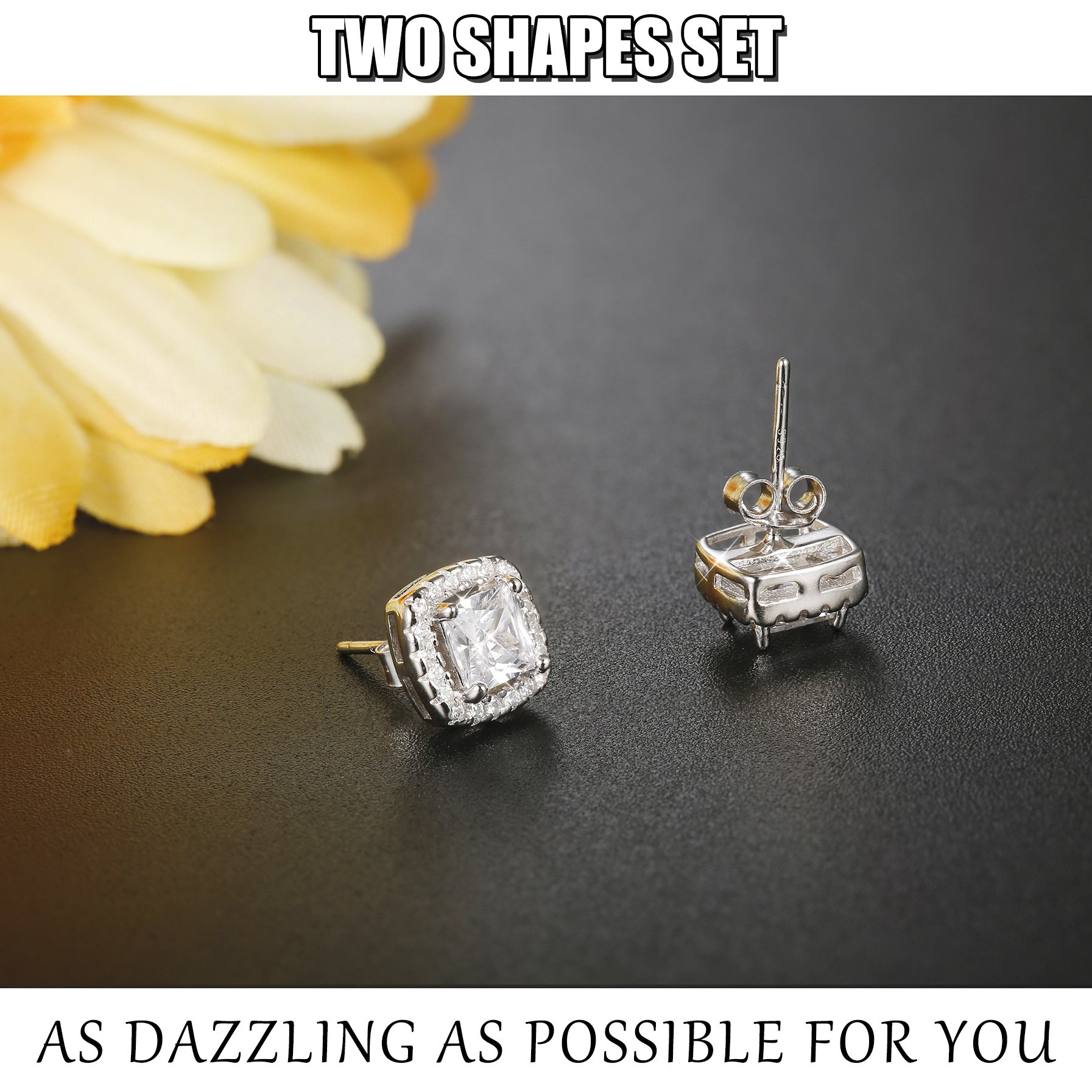 Sllaiss 925 Sterling Silver Cubic Zirconia Halo Stud Earrings for Women Round & Square Cut CZ Earrings Set