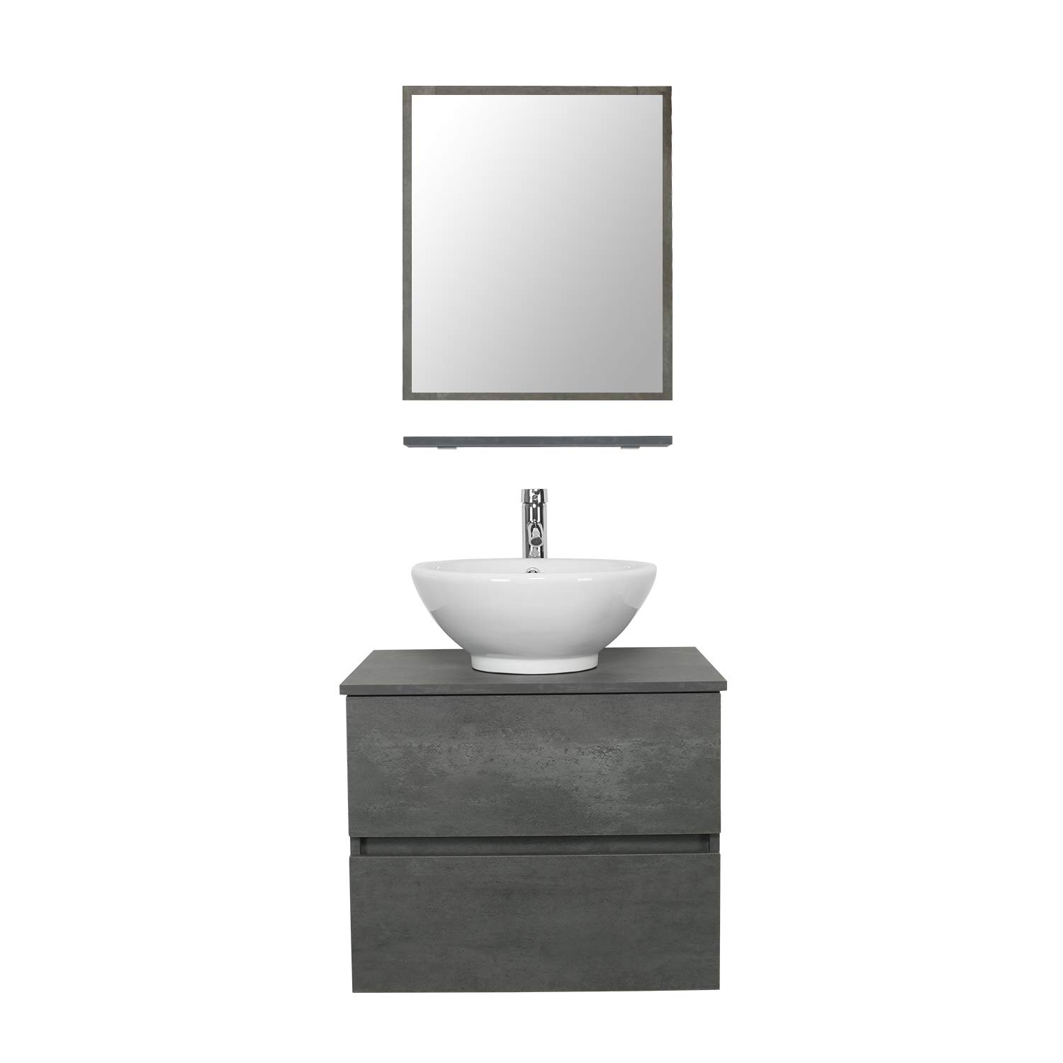 U-Eway 24 Wall Mounted Bathroom Vanity and Sink Combo,Concrete Grey Color Vanity Set with 2 Drawers,White Ceramic(Round) Vessel Sink Top,W/Polish Faucet,Pop Up Drain,Mirror Inc