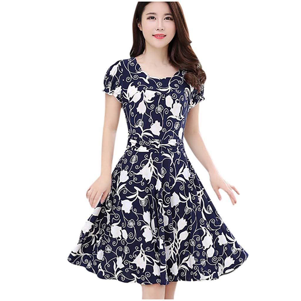Women's Floral Swing Dress High Waisted Pattern Printed Short Sleeve Retro Pleated Round Neck A-Line Dress Black