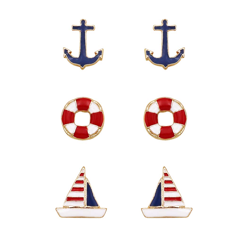 Rosemarie Collections Women's Ships Ahoy Nautical Stud Enamel Earrings Set of 3 (Anchor Lifesaver Sailboat)