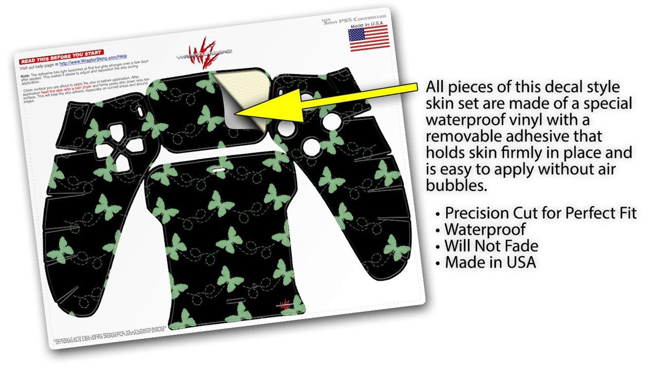 WraptorSkinz Skin Wrap compatible with Sony PS5 DualSense Controller Pastel Butterflies Green on Black (CONTROLLER NOT INCLUDED)