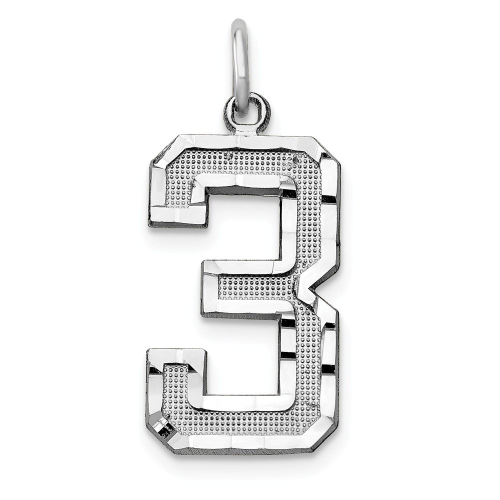Solid 14k White Gold Casted Large Diamond-Cut Number 3 Charm Pendant - 25mm x 11mm
