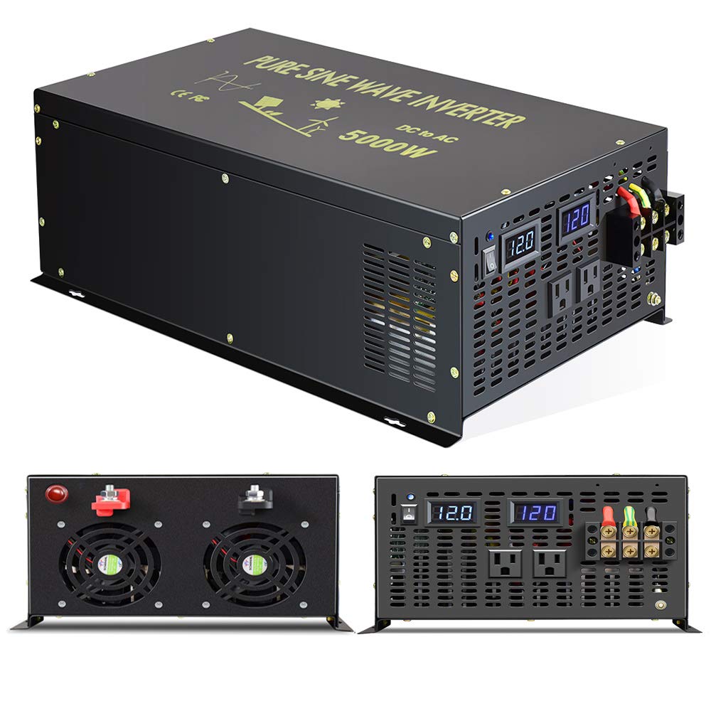 Reliable 5000W Continuous Power Heavy Duty Pure Sine Wave Power Inverter DC 12V to AC 110V 120V with Dual AC Outlets 41Amps Hardwire Terminal and LED Display for RV Car Solar System Emergency