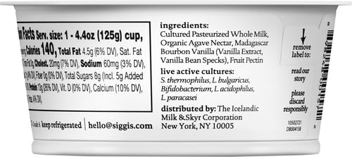 siggi’s® Icelandic Strained Whole Milk Yogurt, Vanilla, 4.4 oz. Single Serve Cup – Thick, Protein-Rich Yogurt Snack