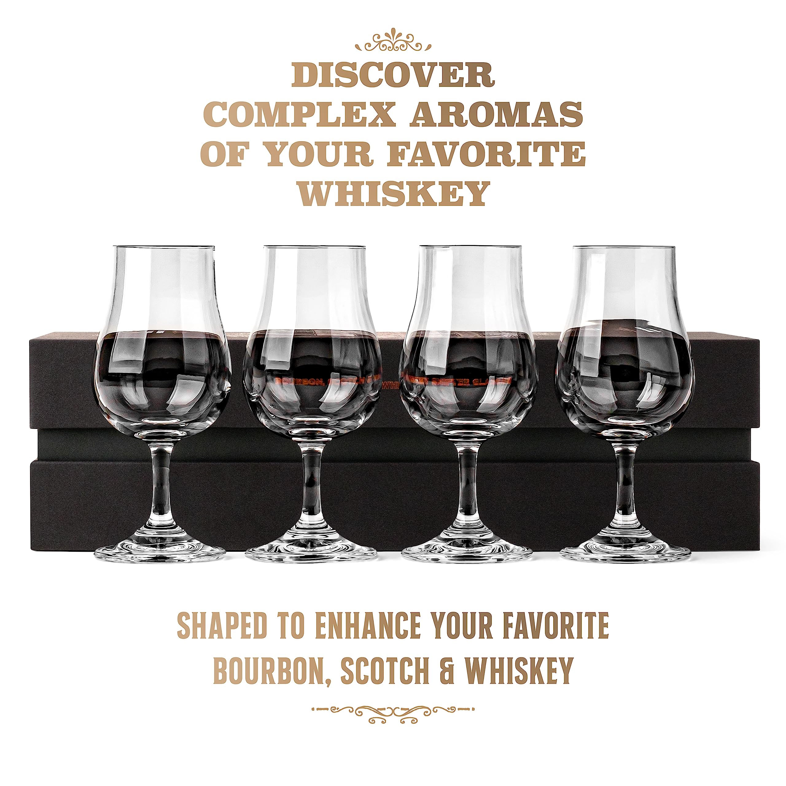Whiskey, Scotch, Bourbon Tasting Glasses | Set of 4 Crystal Snifters | Professional 4 oz Tulip Shaped Nosing Copitas with Short Stem | Small Stemmed Gift Sniffers for Sipping Neat Liquor
