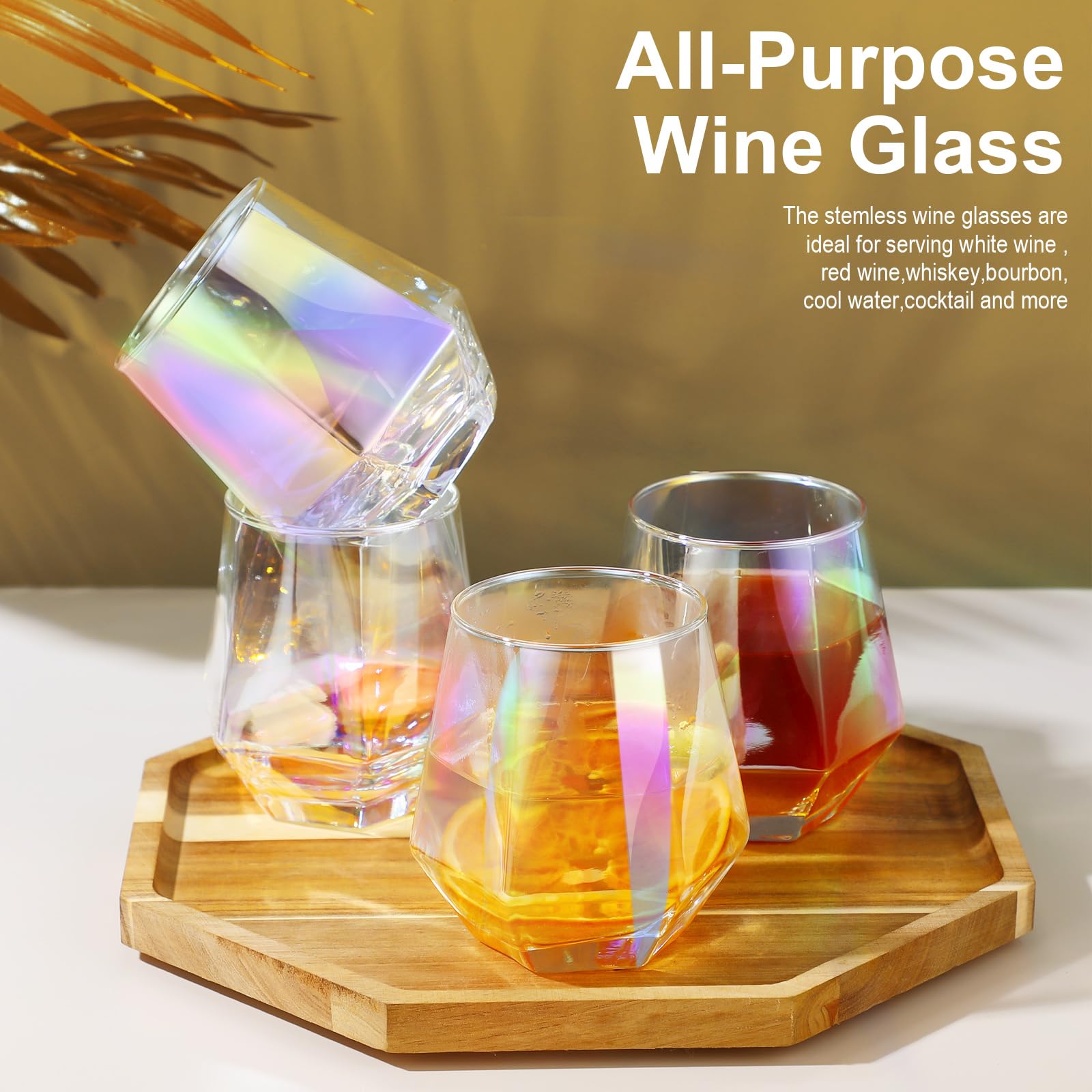 Tioncy 24 Pcs Diamond Stemless Wine Glass 10 oz Iridescent Wine Glass for Cocktail, Whiskey, Bourbon Modern Rainbow Wine Glasses Gift for Serving Party, Home, Bar