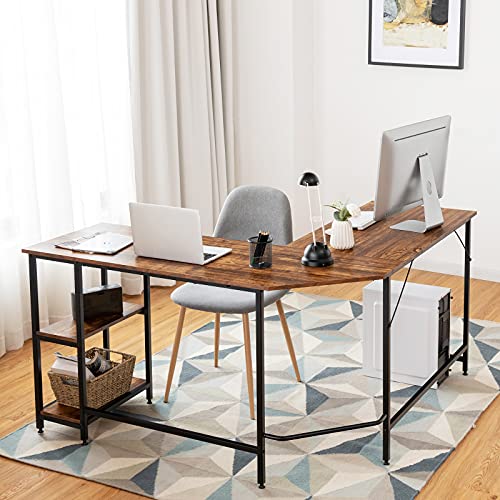 Tangkula Industrial L-Shaped Computer Desk, Space-Saving Corner Desk with Storage Bookshelves & Adjustable Foot Pads, Home Office Desk Study Workstation for Home Office