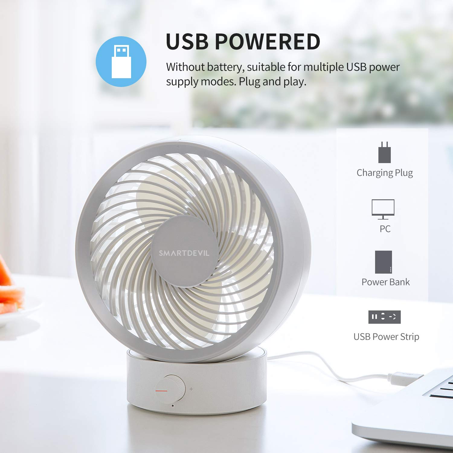 SmartDevil USB Desk Fan, Small Personal Desktop Table Fan with Strong Wind, Quiet Operation Portable Mini Fan for Home Office Bedroom Table and Desktop (White), 5.23 Inch