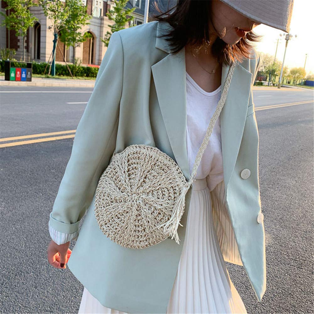 XMLMRY Straw Bag Women's Straw Clutch Purse Summer Beach Bags Envelope Wallet Woven Handbags(Small round bag-Khaki)