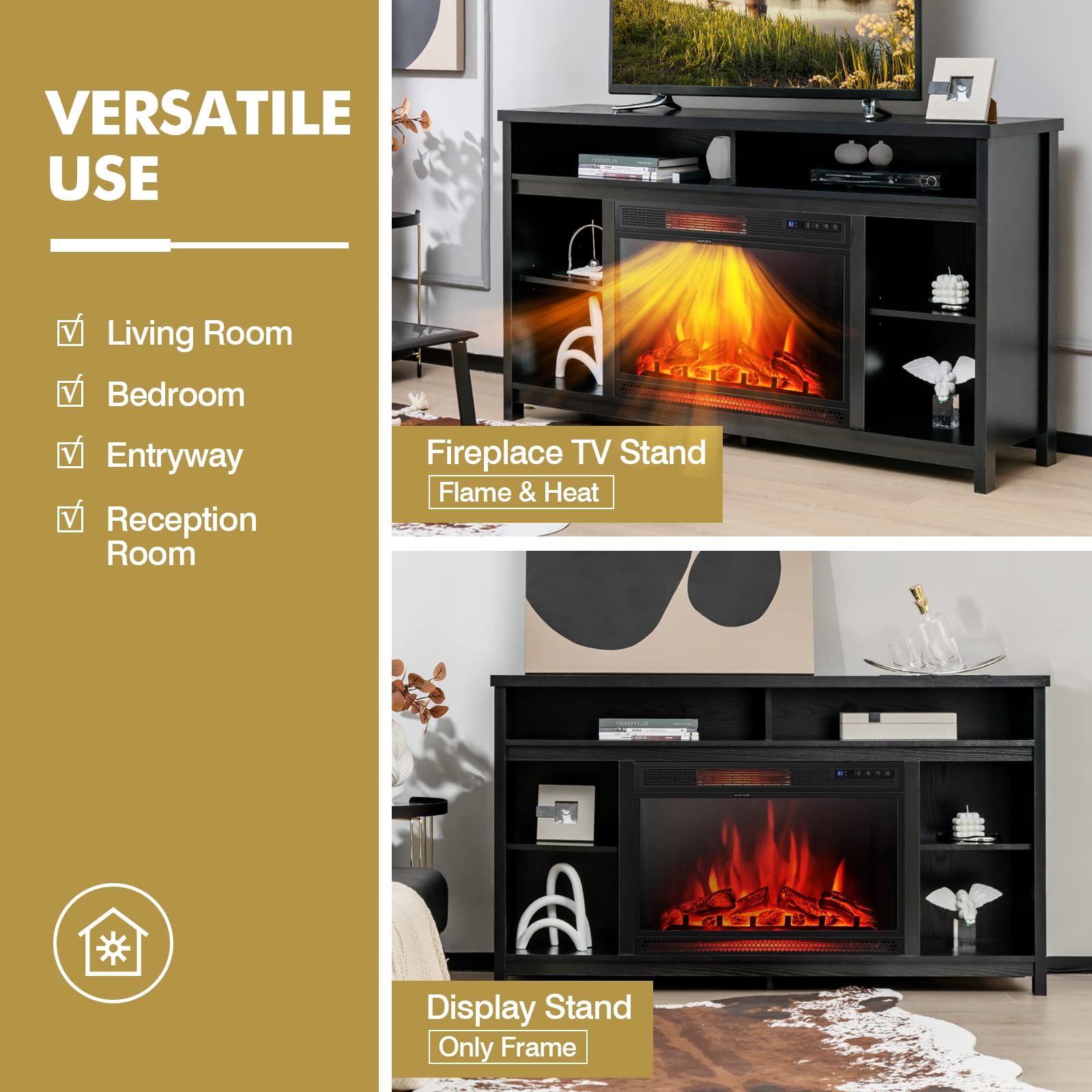 Tangkula 58 Inches Fireplace TV Stand for TVs up to 65 Inches, Modern Entertainment Center w/ 28 Inches Fireplace Insert, Remote Control, Electric Fireplace TV Console Table (Black)