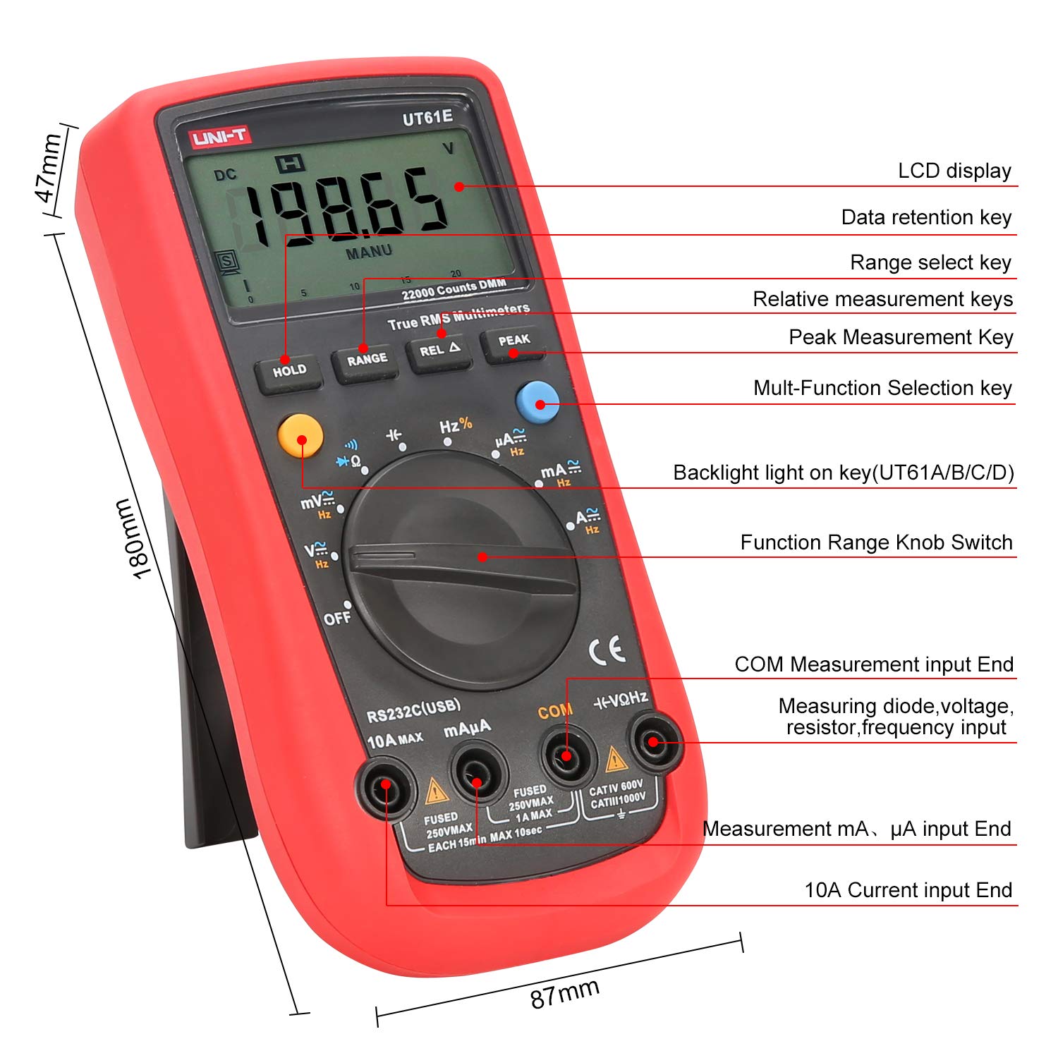 UNI-T 22000 Count High Accuracy Modern Digital Multimeter True RMS AC/DC Modern Digital Auto Ranging Multimeter Voltage Current Tester with Capacitance,Resistance and Frequency Check,UT61E