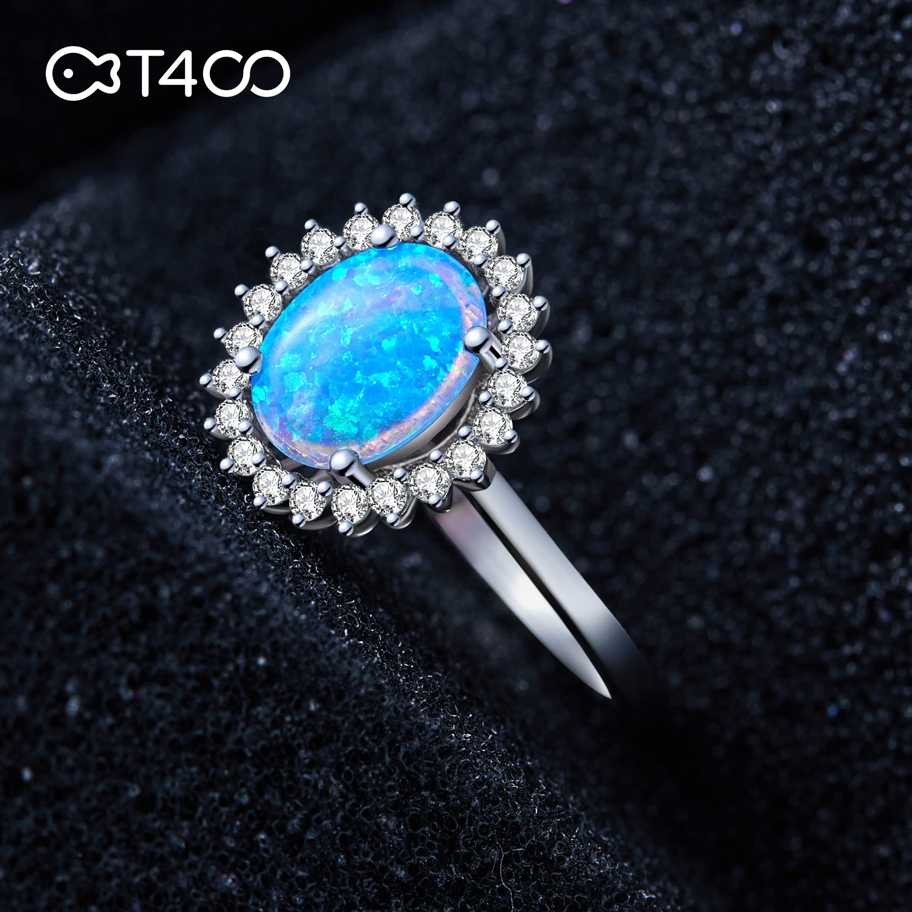 T400 925 Sterling Silver Blue Created Opal Round Ring Gift for Women