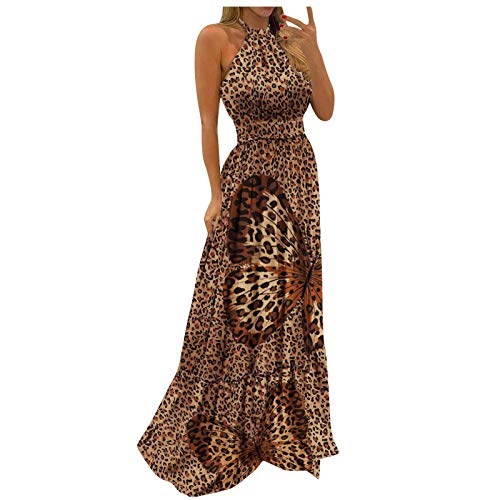 Women's Halter Maxi Dress Leopard Dot High Waisted Long Dress Ruched Backless Tie Ups Straps Maxi Dress