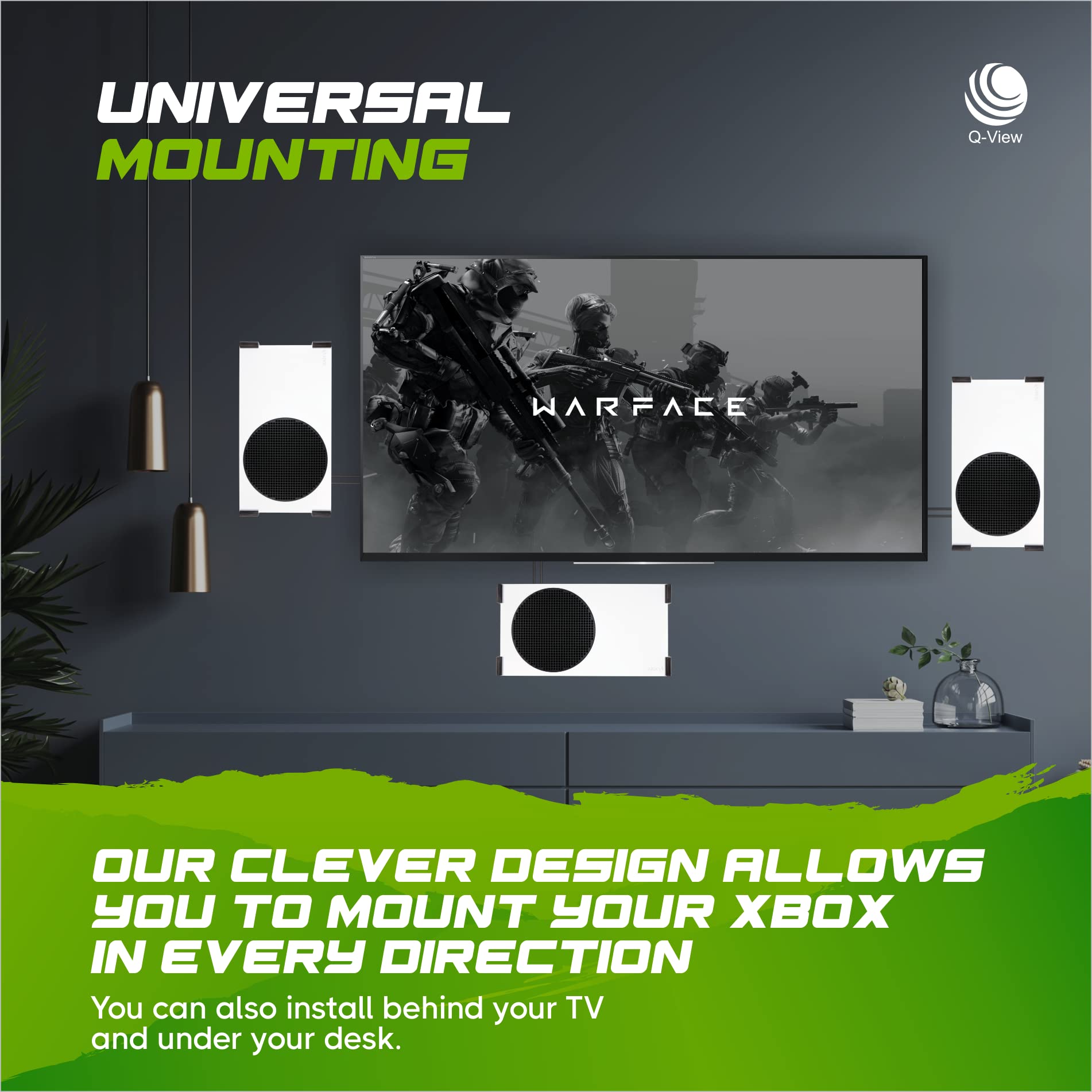 Wall Mount Bracket For Xbox Series S by Q-View - Secure Under Desk Mounting - Signature X Design - Plastic - Black