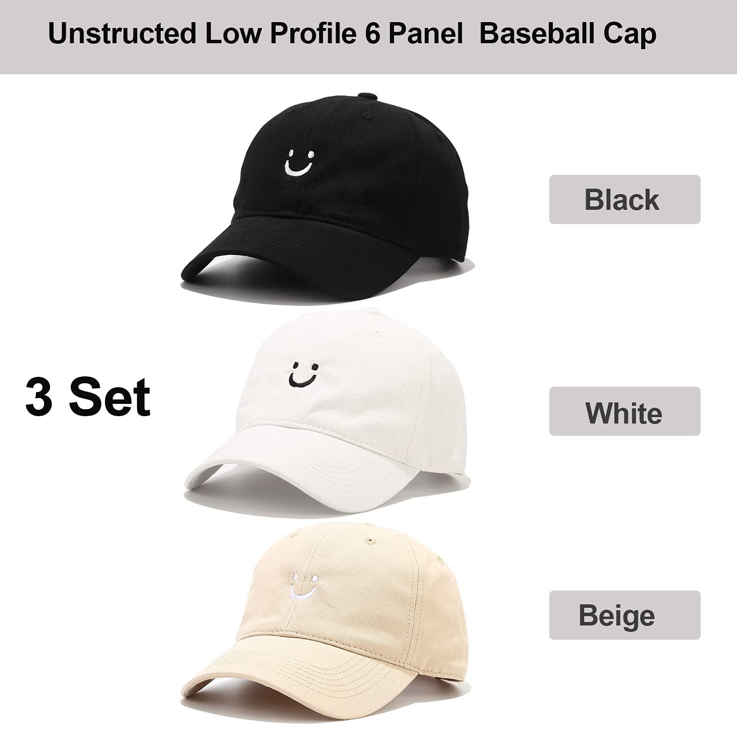 Umeepar 3 Pack Smile Face Cotton Baseball Cap Adjustable Low Profile Unstructured Dad Hat for Men Women (Black, White, Beige)