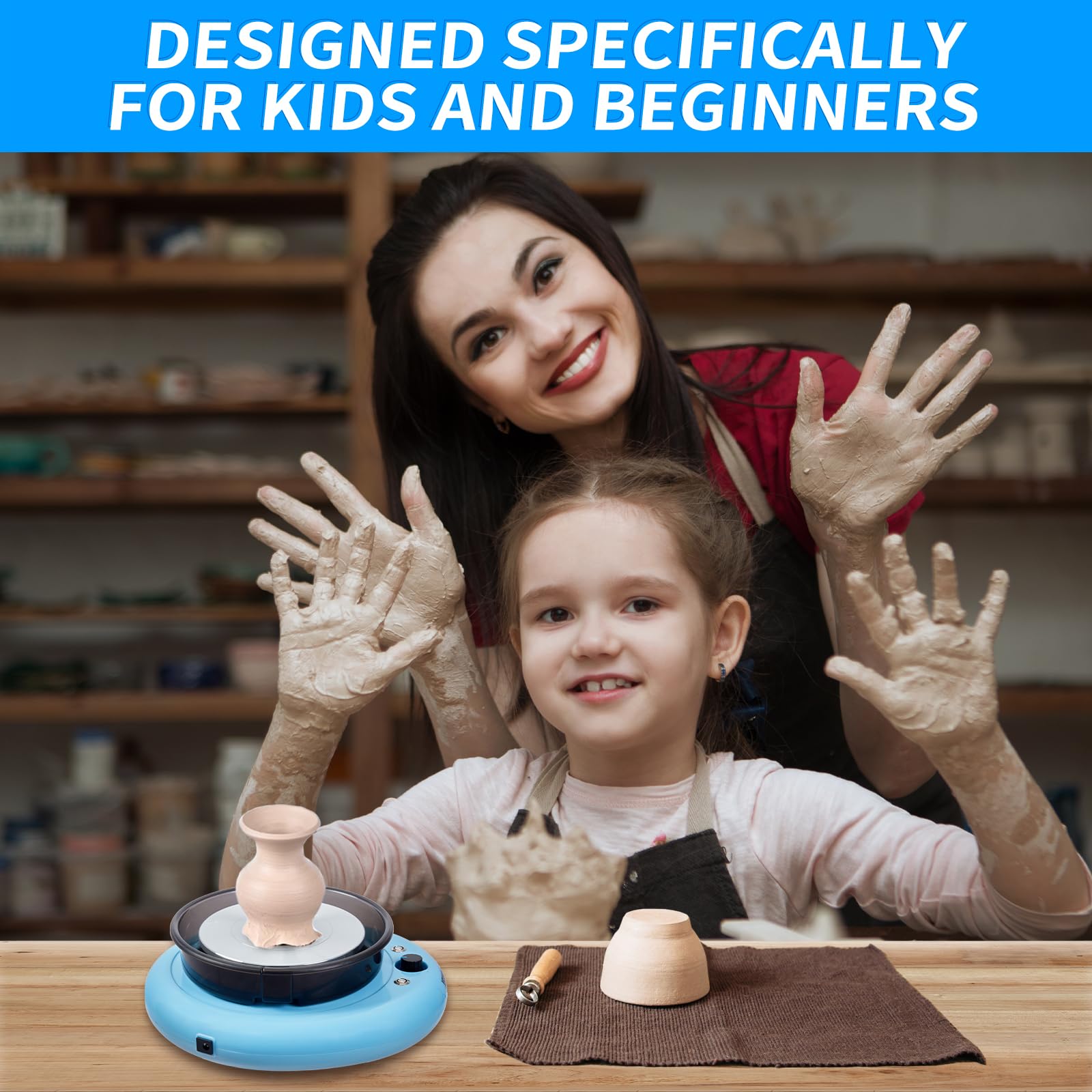 Portable Electric Ceramic Machine Mini Pottery Wheel with 6 Inch Pottery Wheel for Kids Adults Beginners Complete Pottery Kit for Pottery Studio Home DIY Pottery Training School Easter Valentine's Day