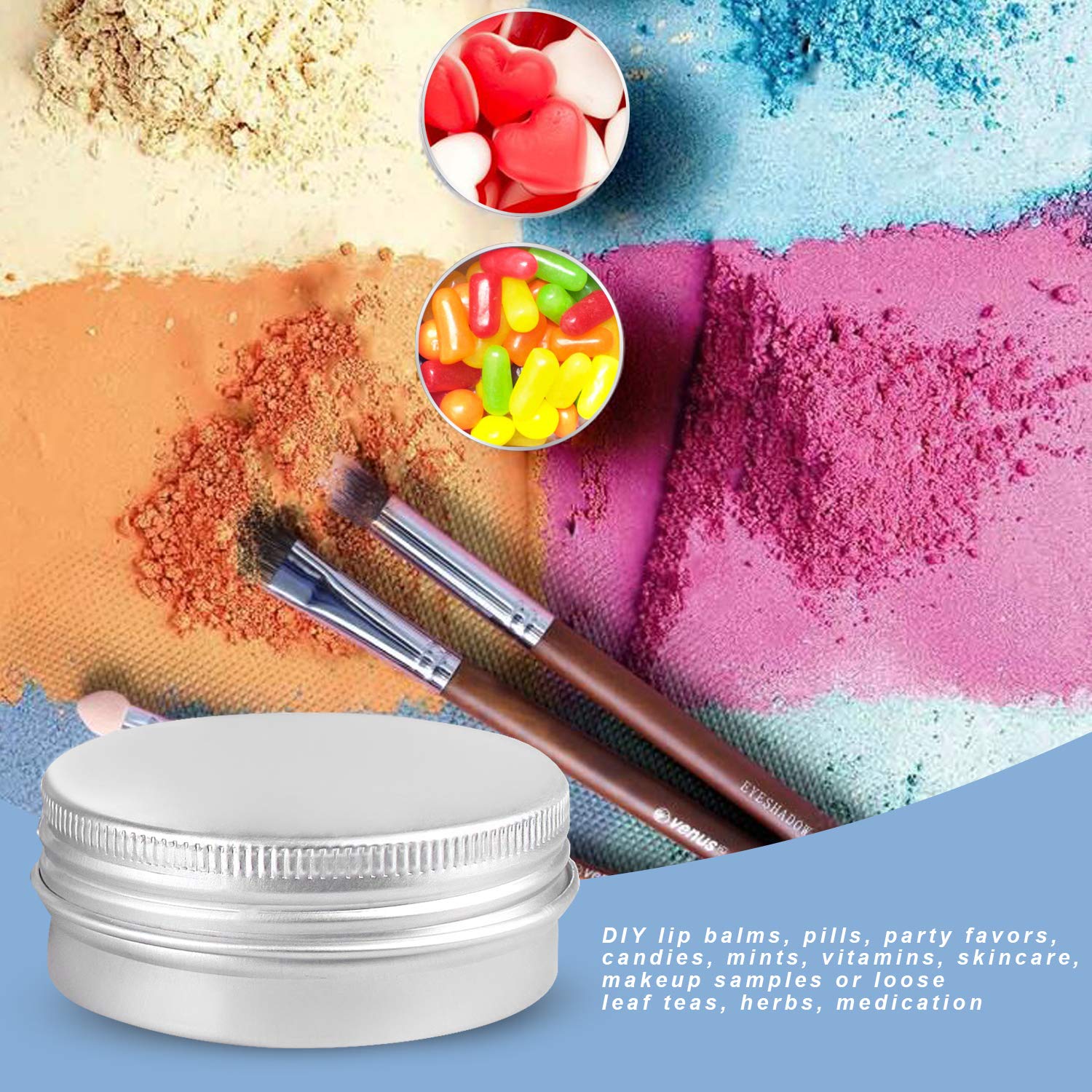 Round Silver Aluminum Metal Tin Storage Jar Containers with Secure Screw Top Lids for Cosmetic, Lip Balm,Salves, Candles,Skin Care and tea, 24pcs
